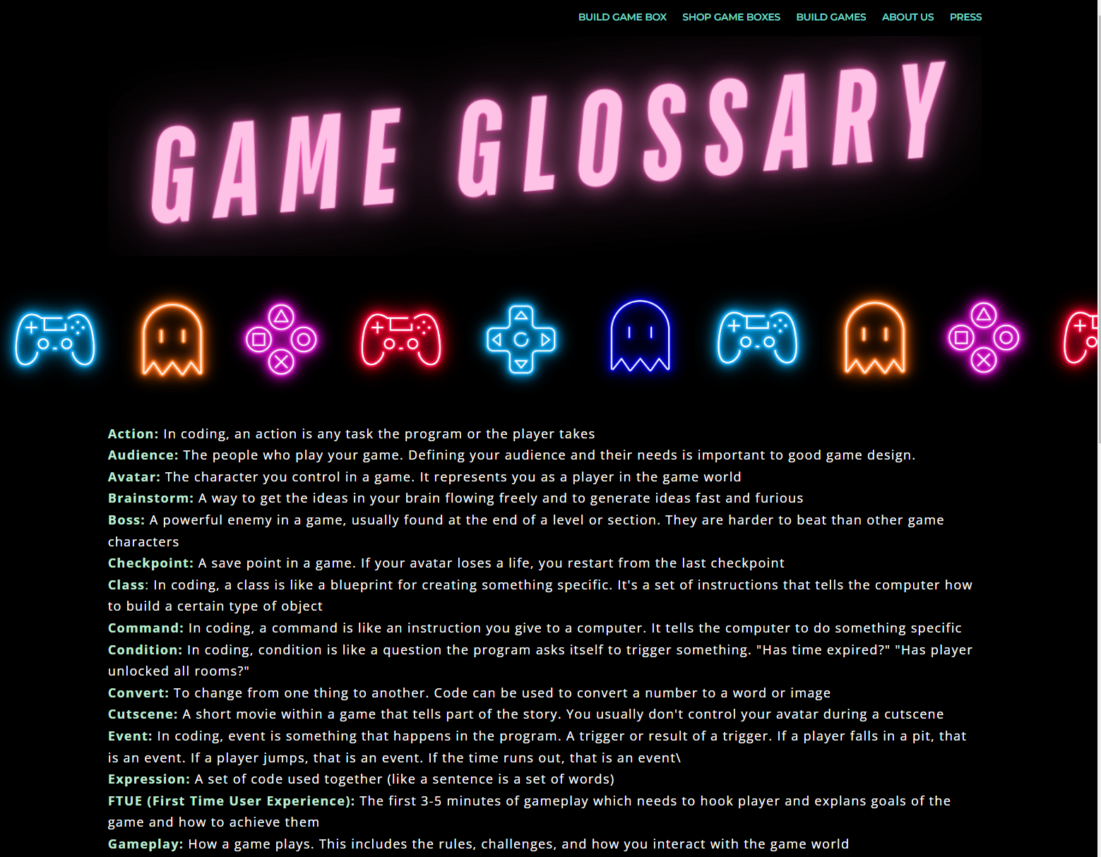 Game Glossary - Build Game Box